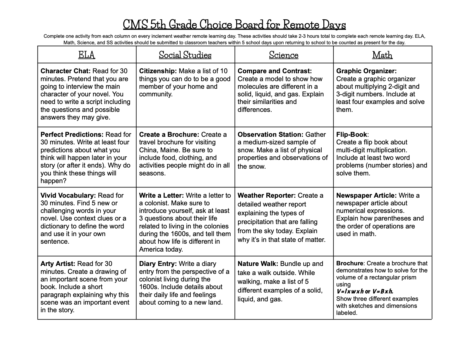 Remote Snow Day Plans - China Middle